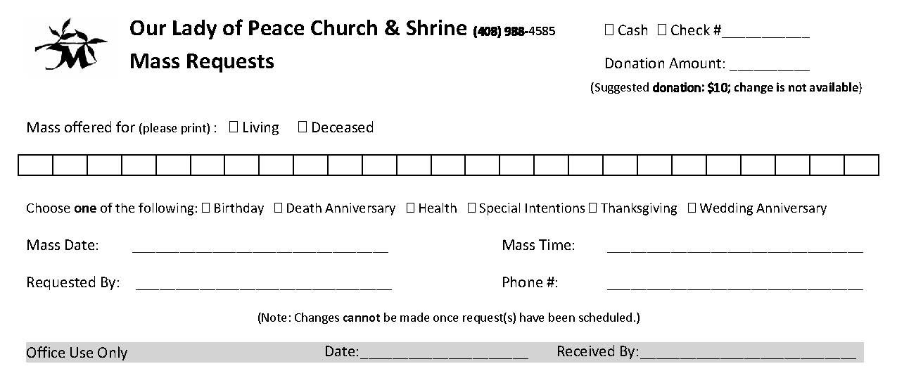 Mass Intentions Requests | Our Lady of Peace Shrine and Church